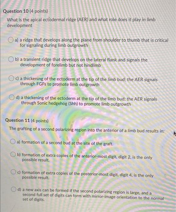 Solved Question 10 (4 points) What is the apical ectodermal | Chegg.com
