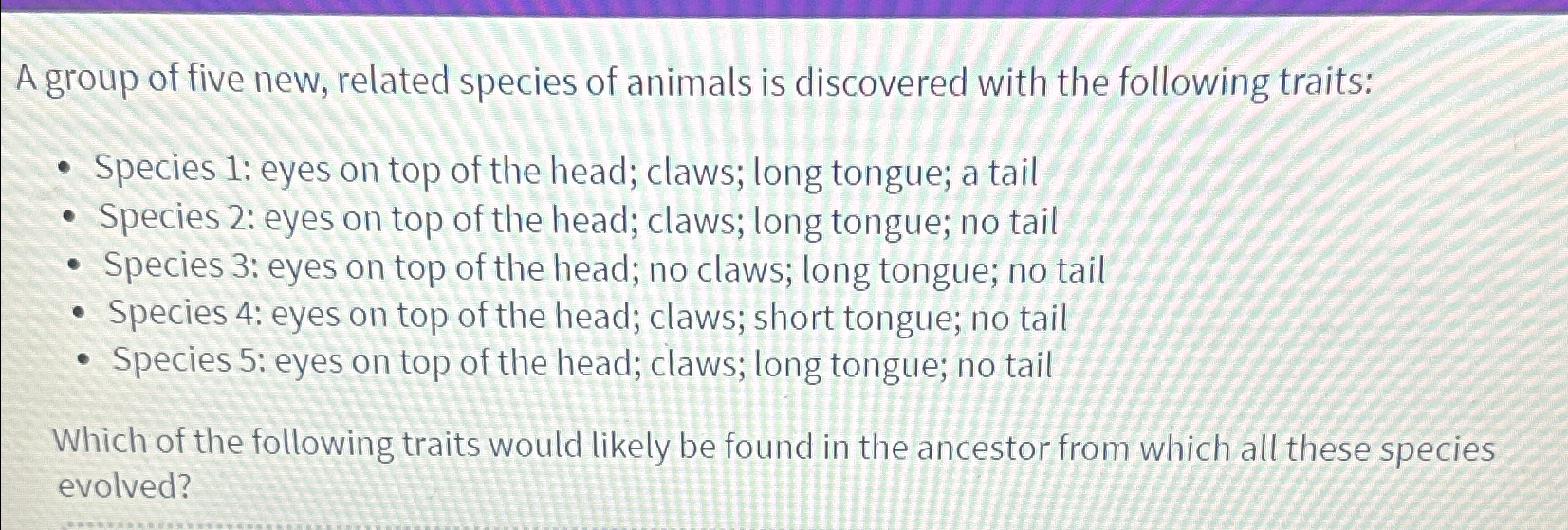 Solved A group of five new, related species of animals is | Chegg.com
