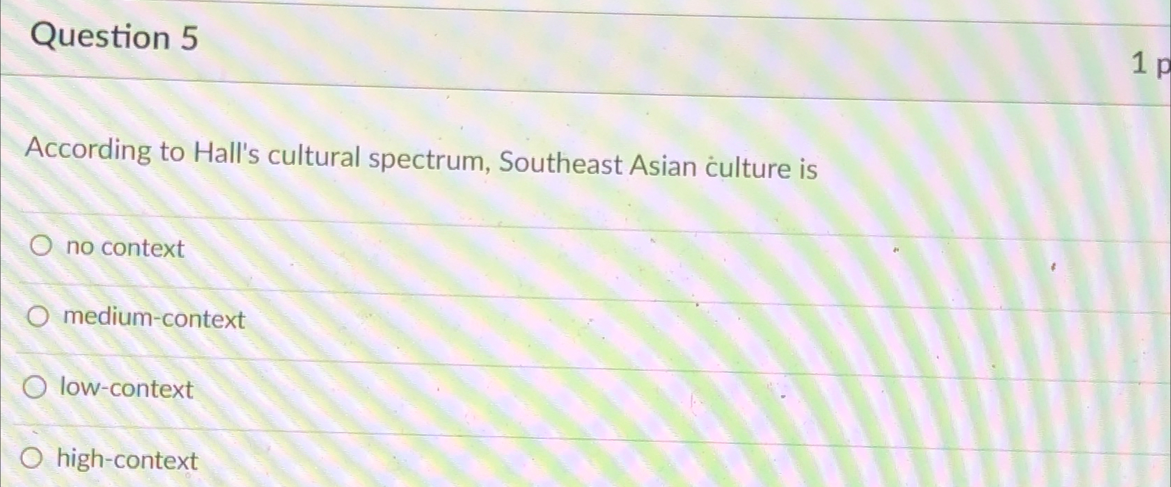 Solved Question 5According to Hall's cultural spectrum, | Chegg.com