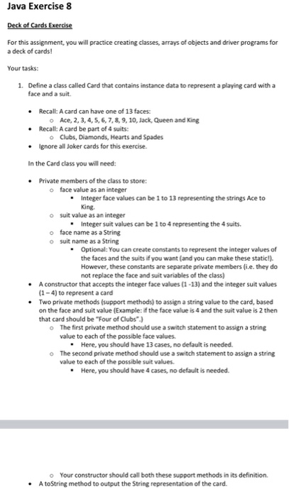 Solved Java Exercise 8 Deck of Cards Exercise For this | Chegg.com