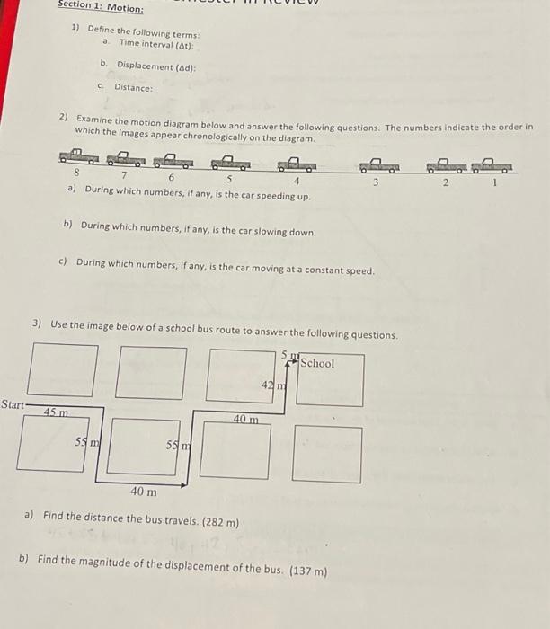 Solved Section 1: Motion: 1) Define the following terms: a. | Chegg.com