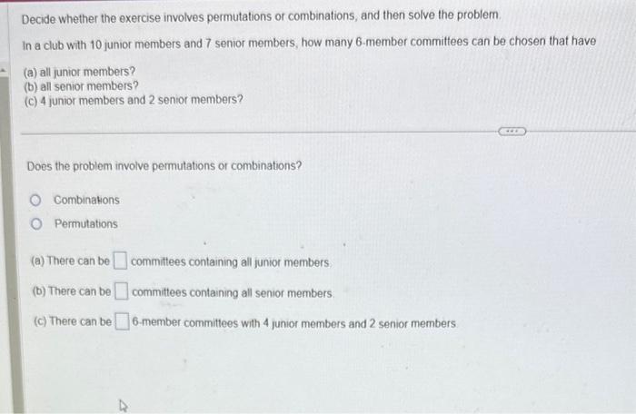 Solved Decide whether the exercise involves permutations or | Chegg.com