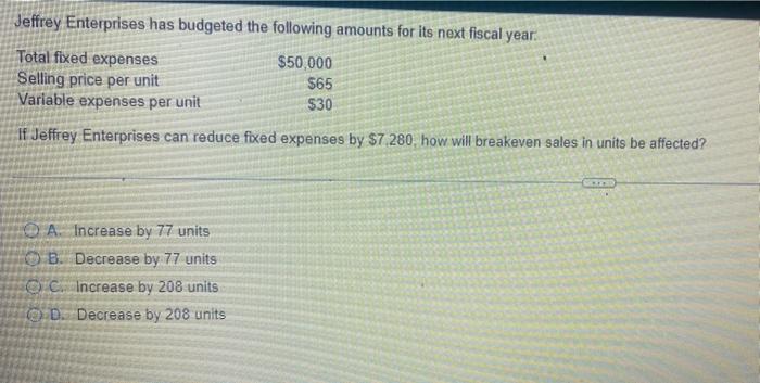 Solved Jeffrey Enterprises has budgeted the following | Chegg.com
