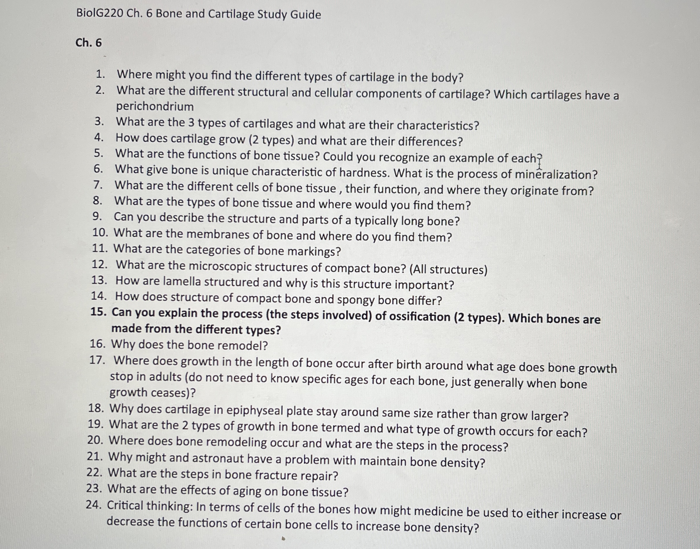 Solved BiolG220 ﻿Ch. 6 ﻿Bone and Cartilage Study | Chegg.com