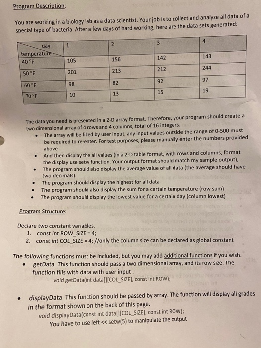 Solved Program Description: You are working in a biology lab | Chegg.com