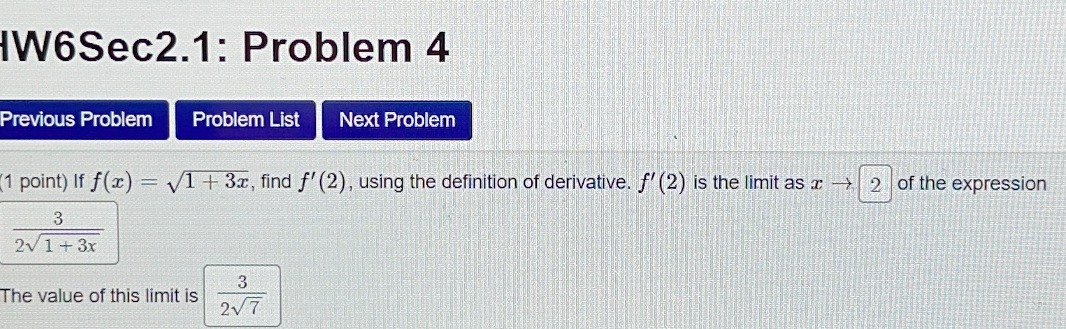 Solved IW6Sec2.1: Problem 4(1 ﻿point) ﻿If f(x)=1+3x2, ﻿find | Chegg.com