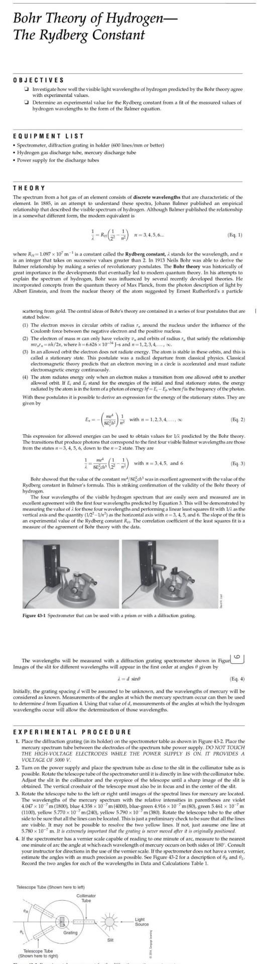 Solved Data and Calculations Table 1 (Mercury Spectrum) e | Chegg.com