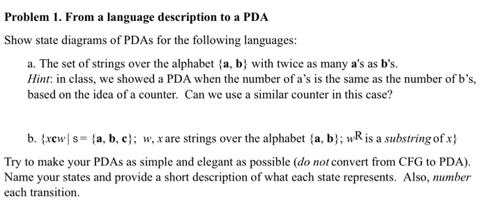 Solved Problem 1. From a language description to a PDA Show | Chegg.com