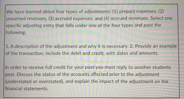 Solved We have learned about four types of adjustments: (1) | Chegg.com