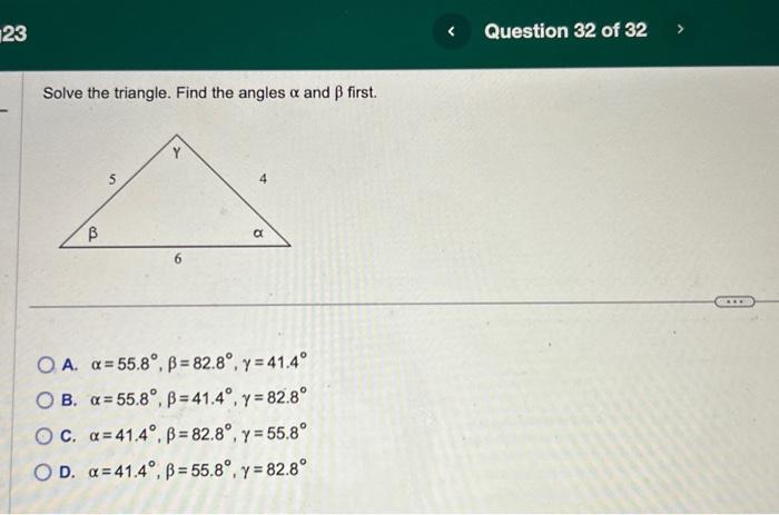Solved Solve the triangle. Find the angles α and β first. A. | Chegg.com