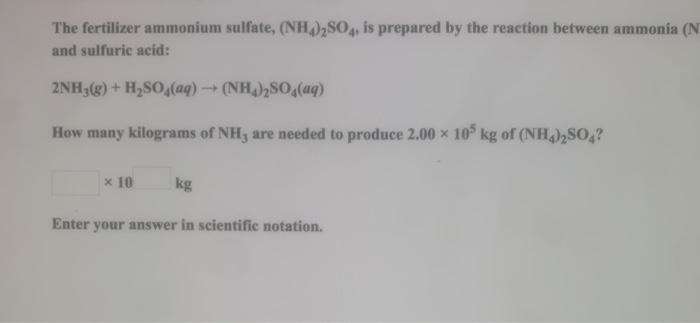 Solved The fertilizer ammonium sulfate, (NH2SO4, is prepared | Chegg.com