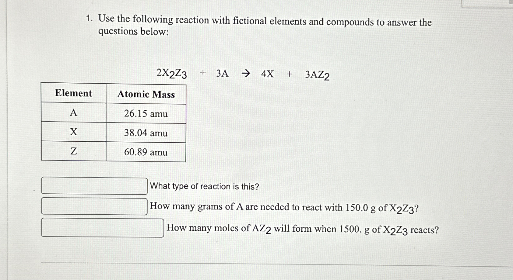 Solved Use the following reaction with fictional elements | Chegg.com