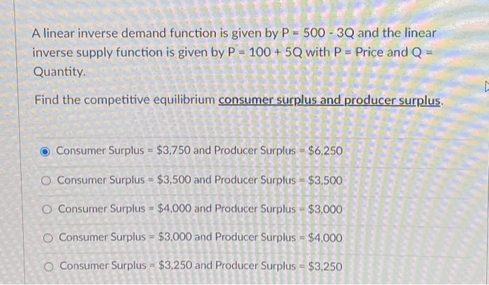 Solved A linear inverse demand function is given by P = 500 | Chegg.com
