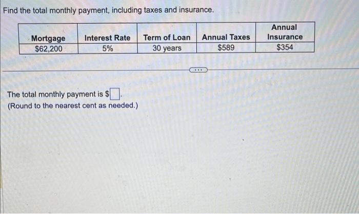 Solved Find the total monthly payment, including taxes and | Chegg.com