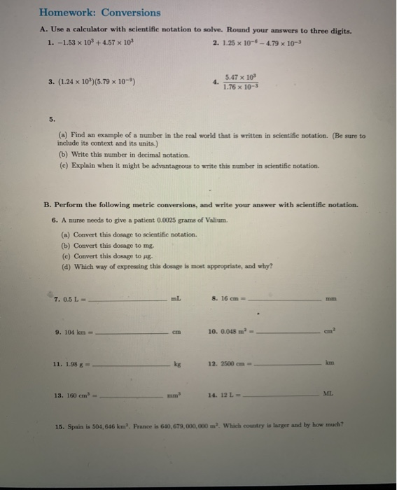 Solved Homework: Conversions A. Use a calculator with | Chegg.com