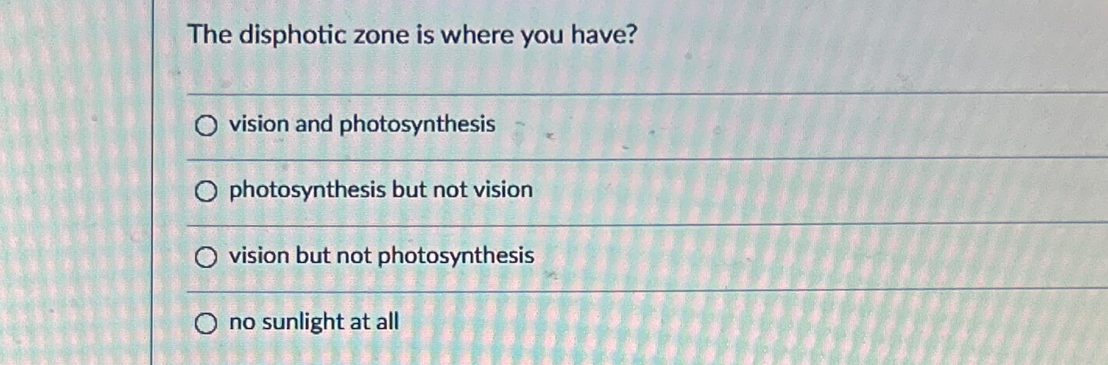 Solved The disphotic zone is where you have?vision and | Chegg.com