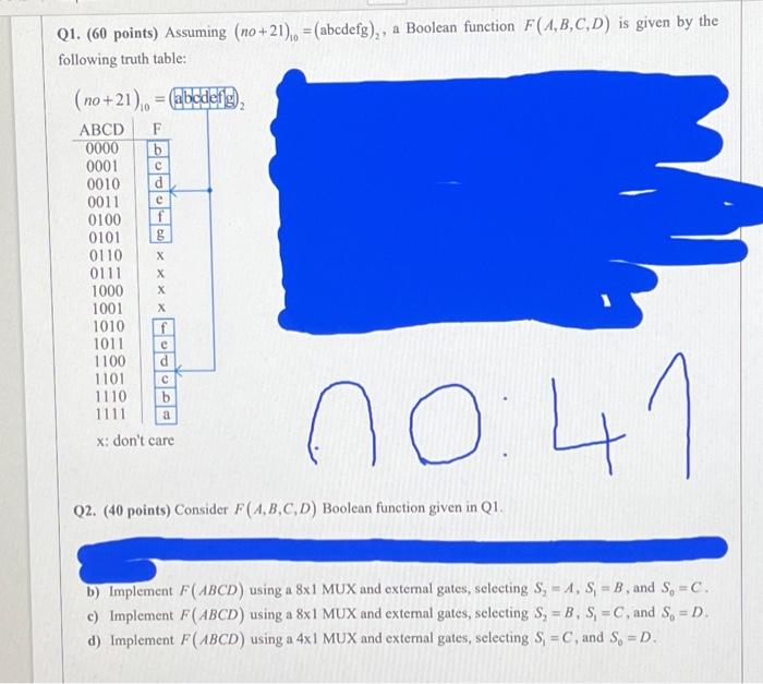 Solved Q2. (40 points) Consider F(A,B,C,D) Boolean function | Chegg.com