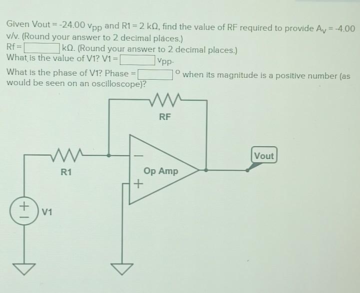 Solved Given V2 = 8 Vpp, R1 = 1 kb and Rf=5 ko, find the | Chegg.com