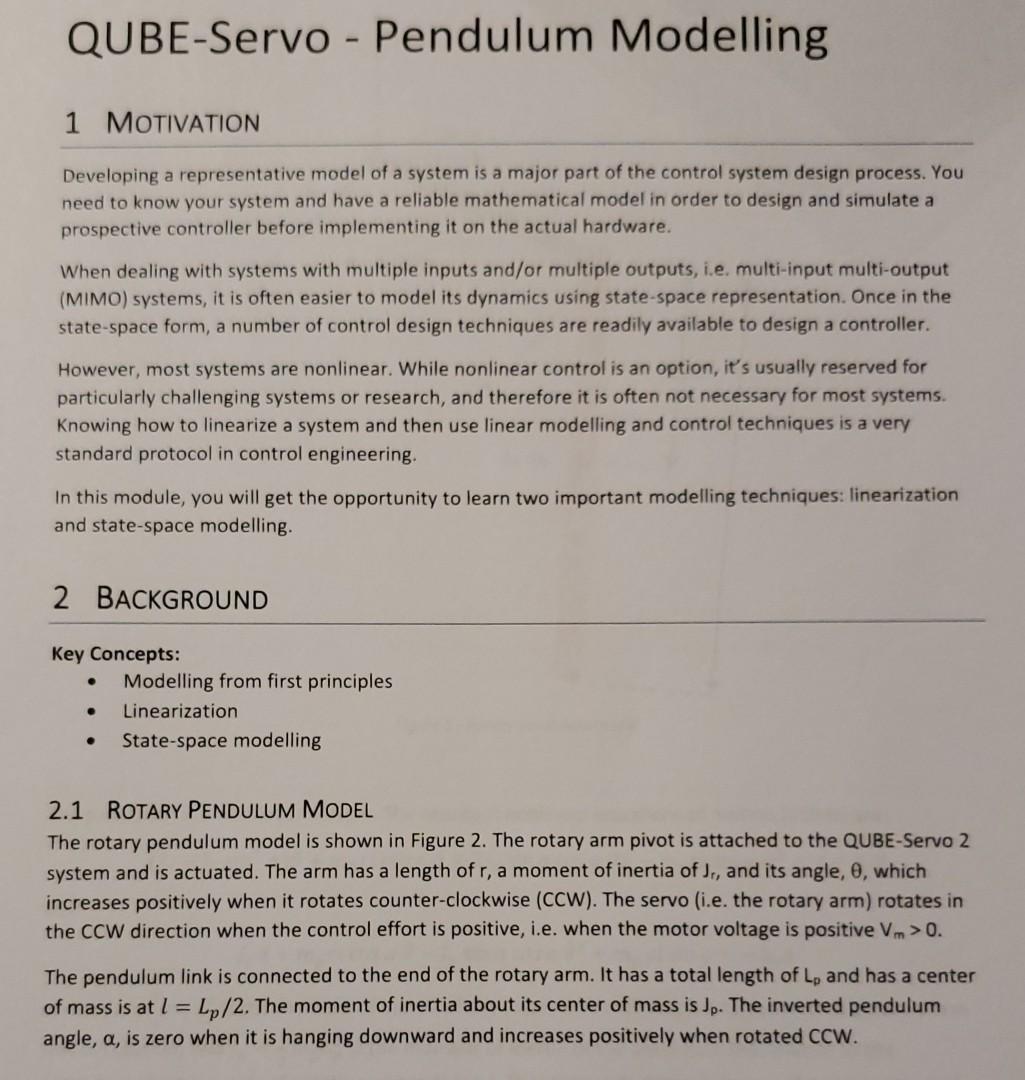 Solved QUBE-Servo - Pendulum Modelling 1 MOTIVATION | Chegg.com