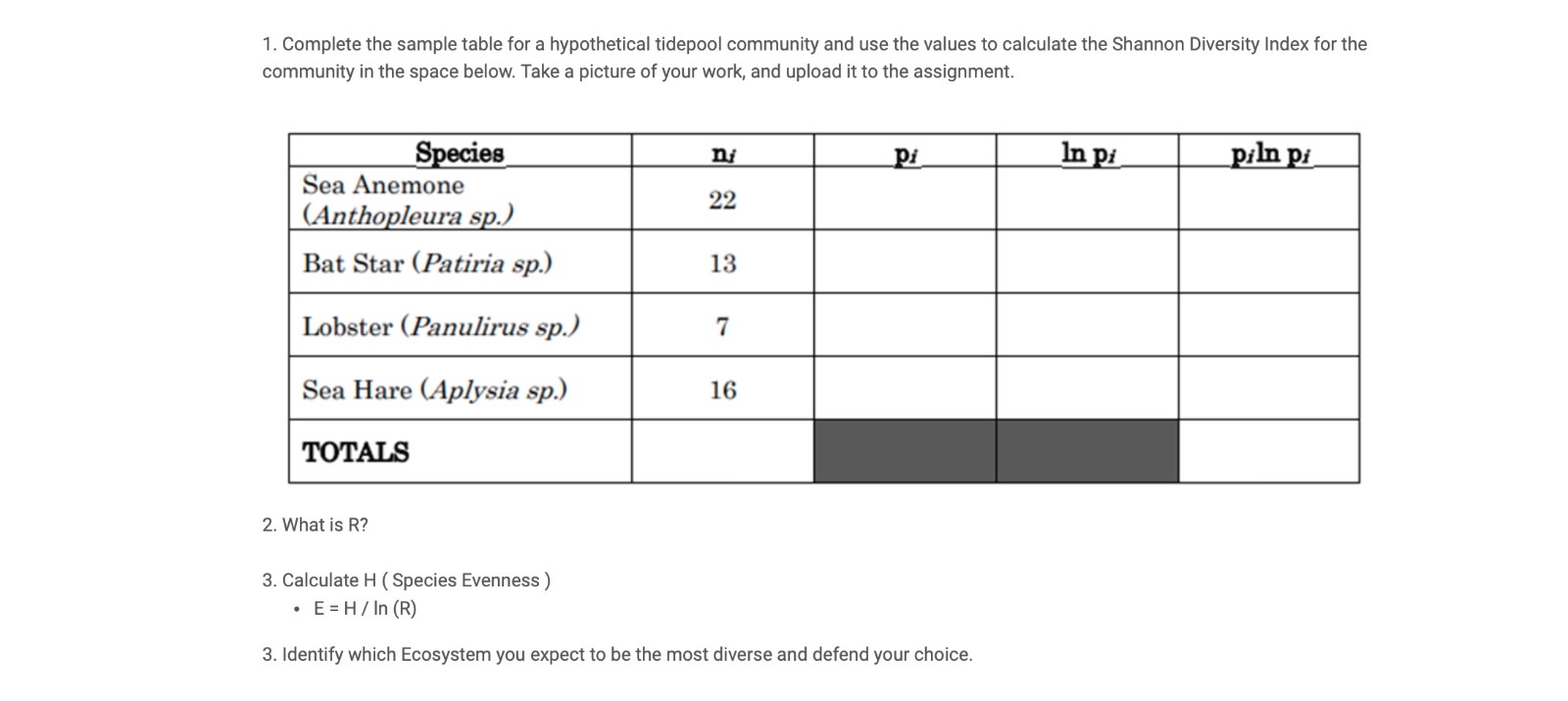 Solved Complete the sample table for a hypothetical tidepool | Chegg.com