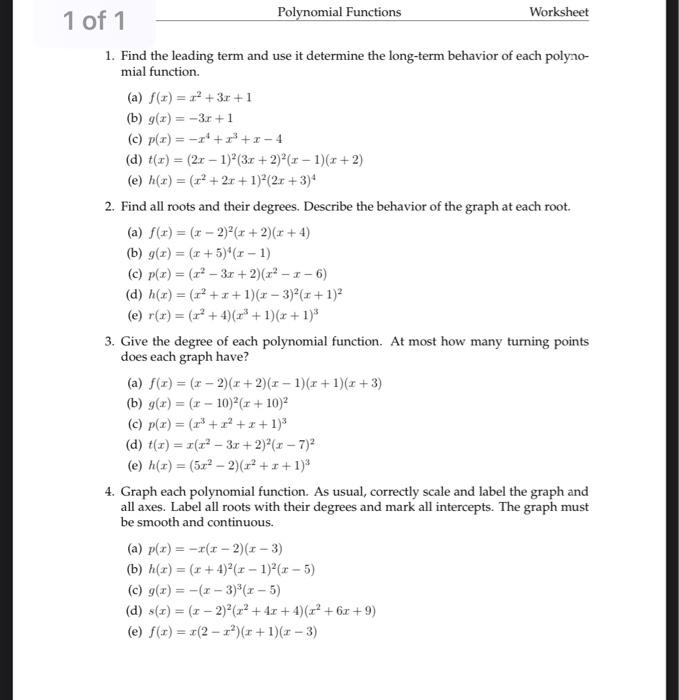 Solved 1 of 1 Polynomial Functions Worksheet 1. Find the | Chegg.com