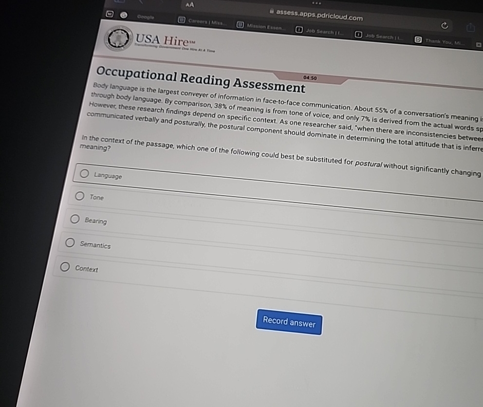 Solved Occupational Reading AssessmentBody language is the | Chegg.com