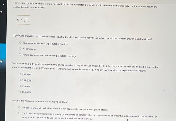 Solved The constant growth valuation formula has dividends | Chegg.com