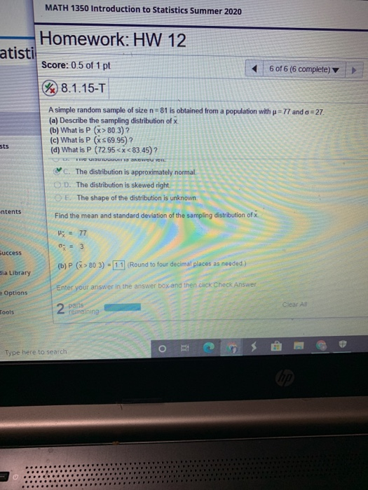 Solved MATH 1350 Introduction to Statistics Summer 2020 | Chegg.com