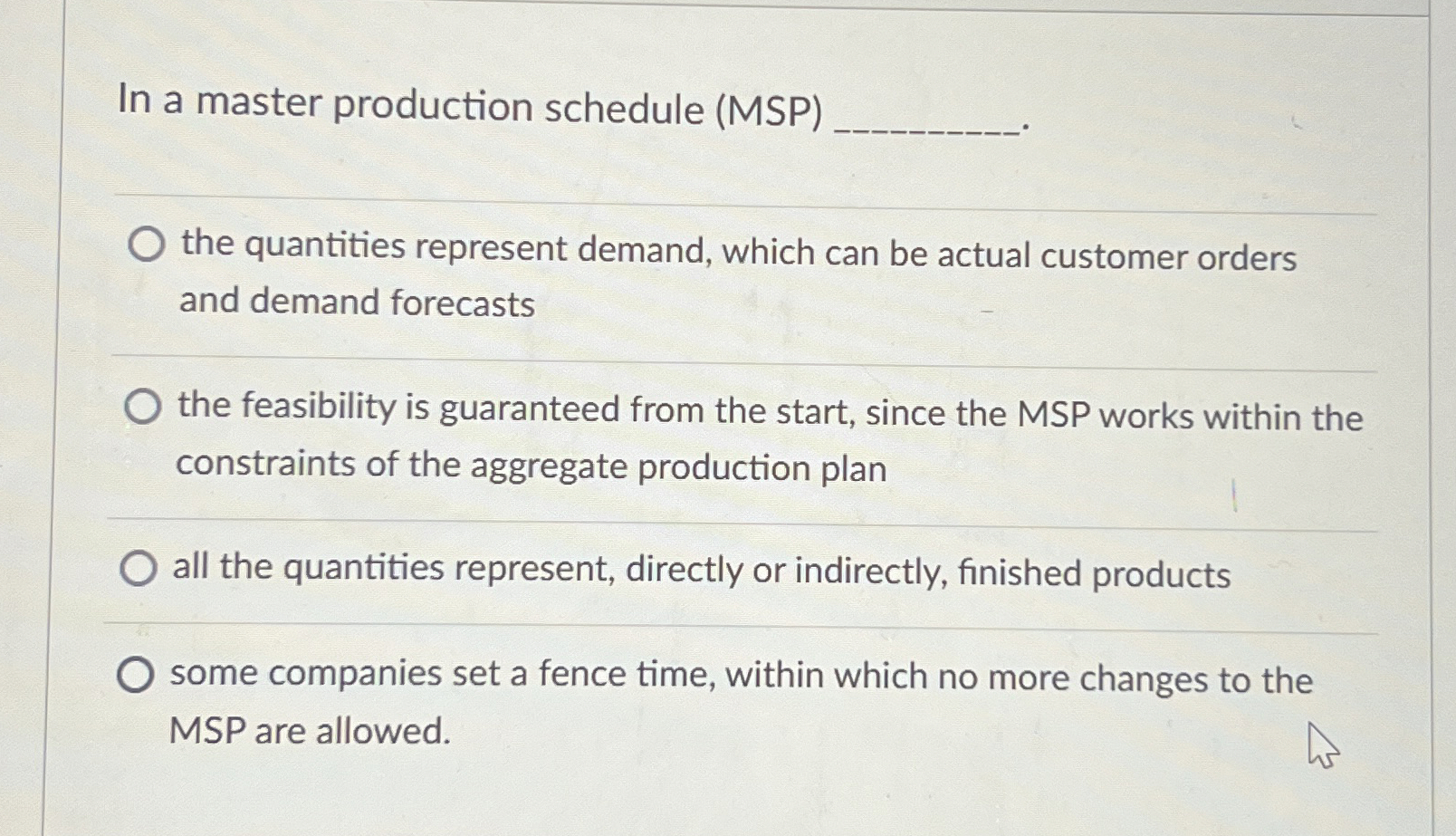 Solved In a master production schedule (MSP) the quantities | Chegg.com