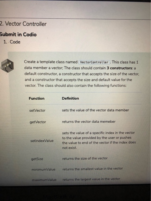 Solved 2. Vector Controller Submit in Codio 1. Code Create a | Chegg.com