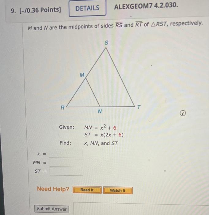 Solved M and N are the midpoints of sides RS and RT of RST, | Chegg.com