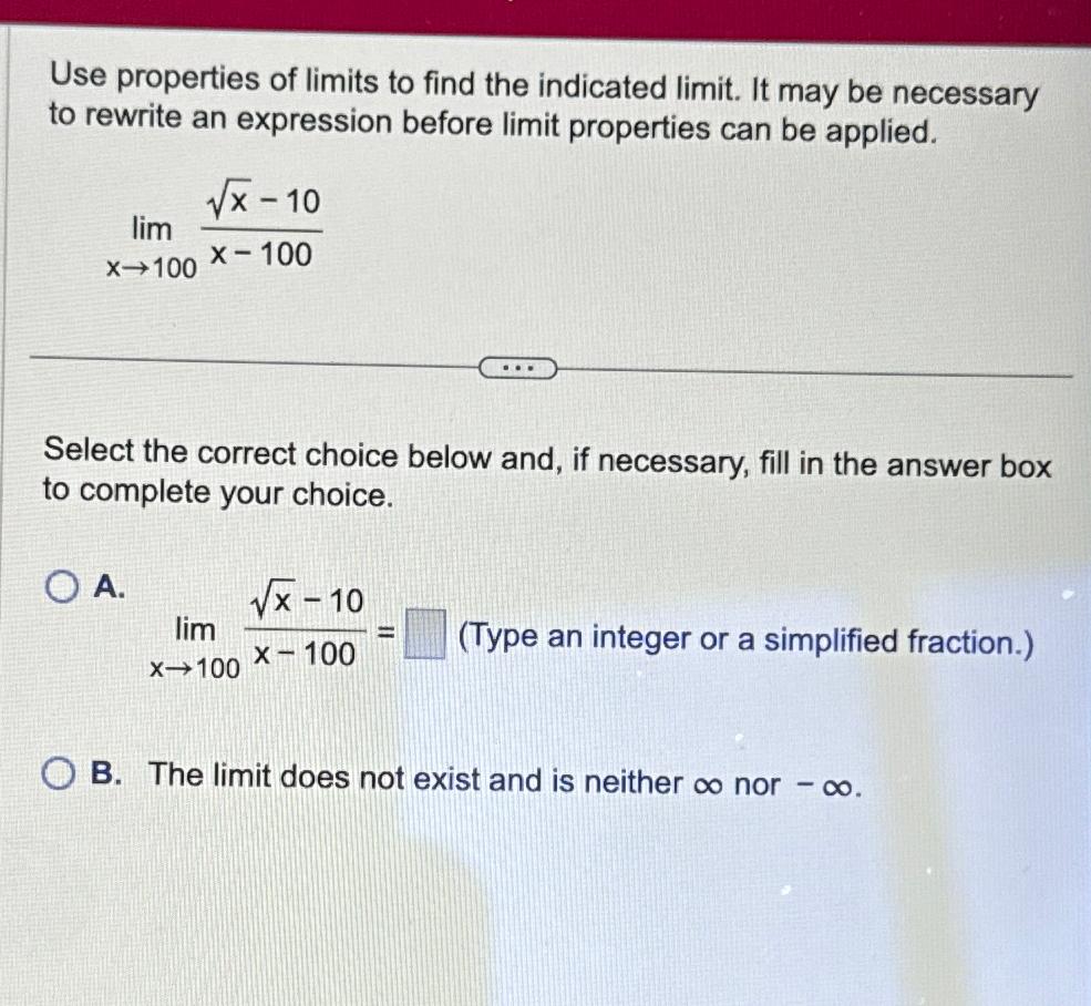 Solved Use properties of limits to find the indicated limit. | Chegg.com