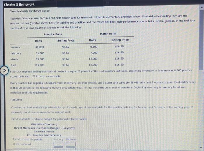 Chapter 8 Homework Direct Materials Purchases Budget | Chegg.com