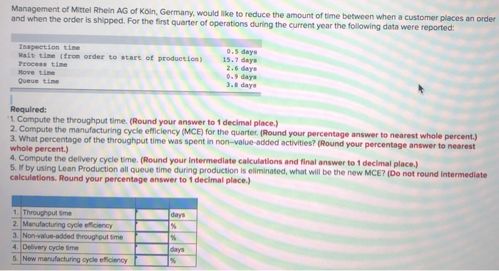 Solved 1. Compute the throughput time. (Round your answer to | Chegg.com