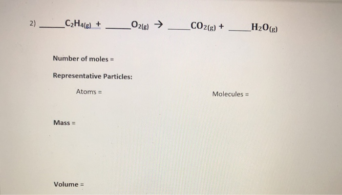 Solved 2) _C2H4(e) + O2(g) → CO2(g) + H2O() Number of moles | Chegg.com