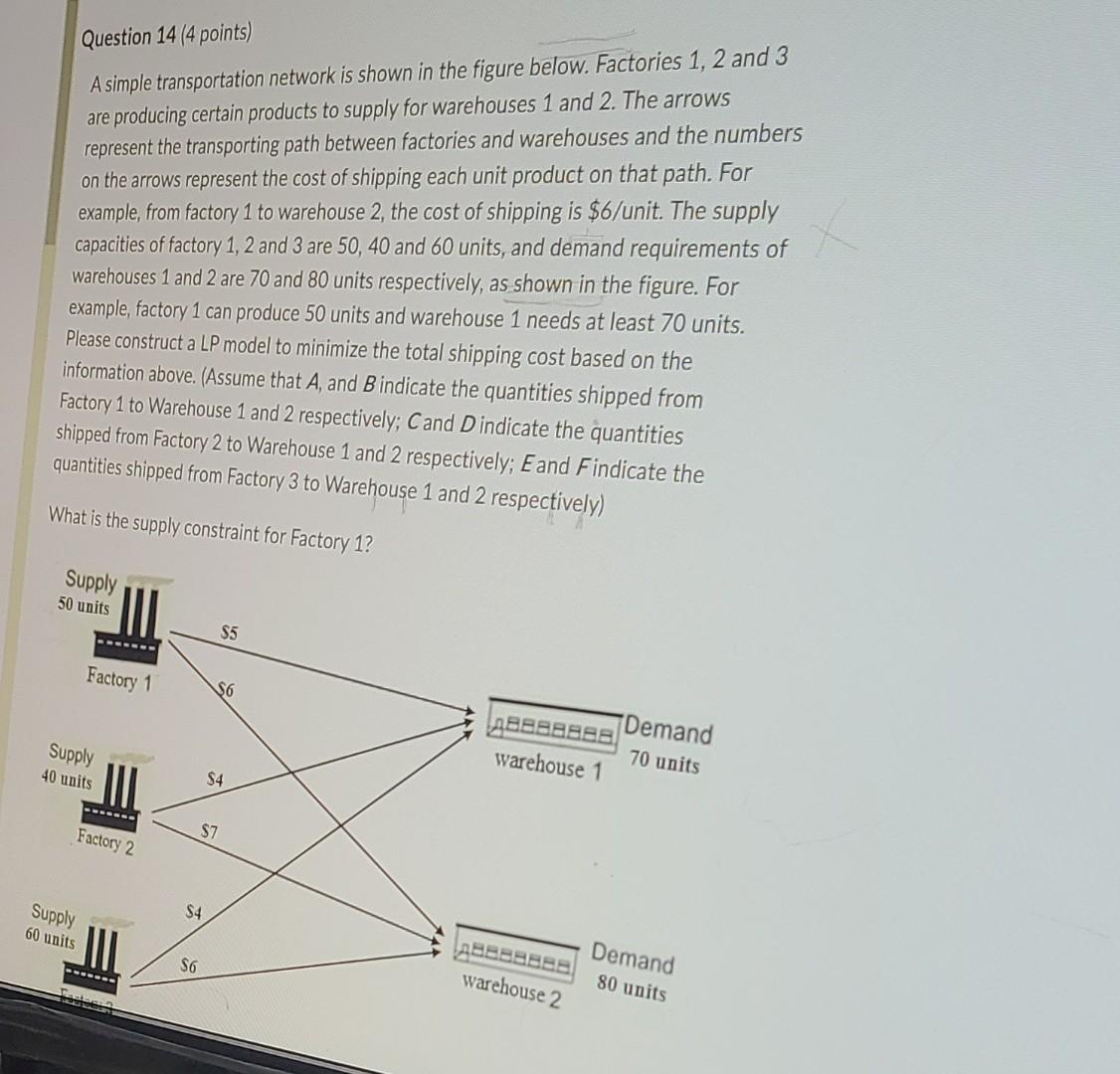 Solved Question 14 (4 points) A simple transportation | Chegg.com