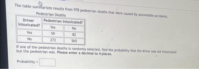 Solved The table summarizes results from 978 pedestrian | Chegg.com