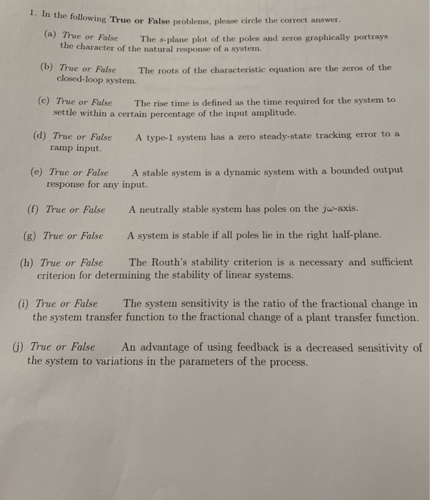 Solved 1. In the following True or Fals following True or | Chegg.com
