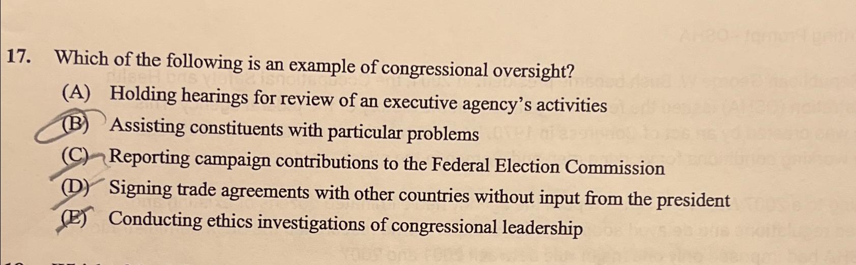 Solved Which of the following is an example of congressional | Chegg.com