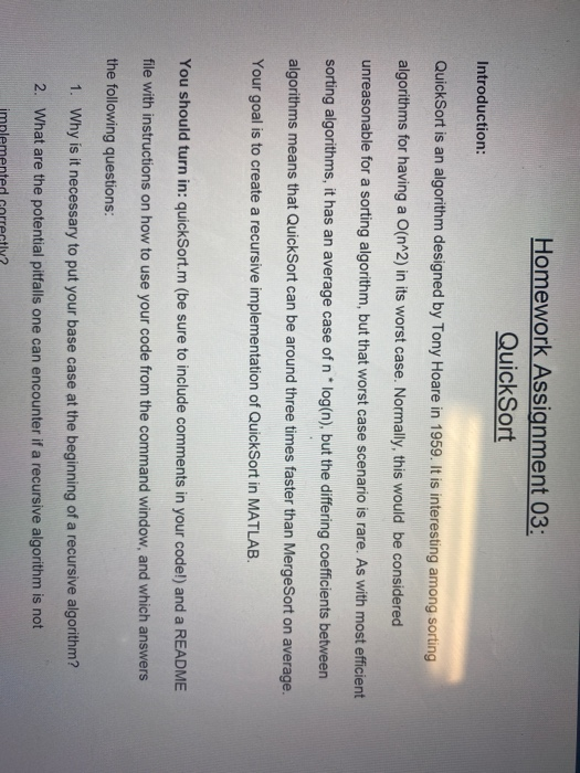 Homework Assignment 03: Quick Sort Int uction: | Chegg.com