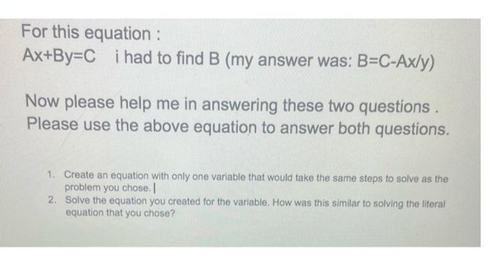 Solved For this equation: Ax+By=C i had to find B (my answer | Chegg.com