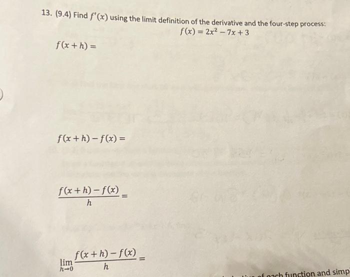Solved ) 13. (9.4) Find f'(x) using the limit definition of | Chegg.com