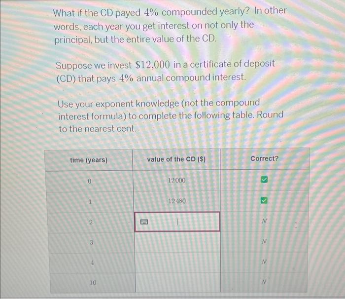 Solved What if the CD payed 4% compounded yearly? In other | Chegg.com