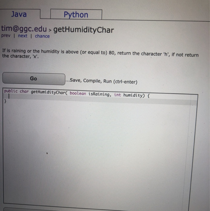 Solved Java Python tim@ggc.edu > getHumidity Char prev next | Chegg.com