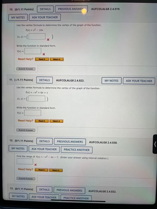 Solved Use the vertex formula to determine the vertex of the | Chegg.com