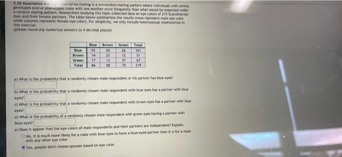 Solved 2.20 Assortative morative mating is a nonrandom | Chegg.com