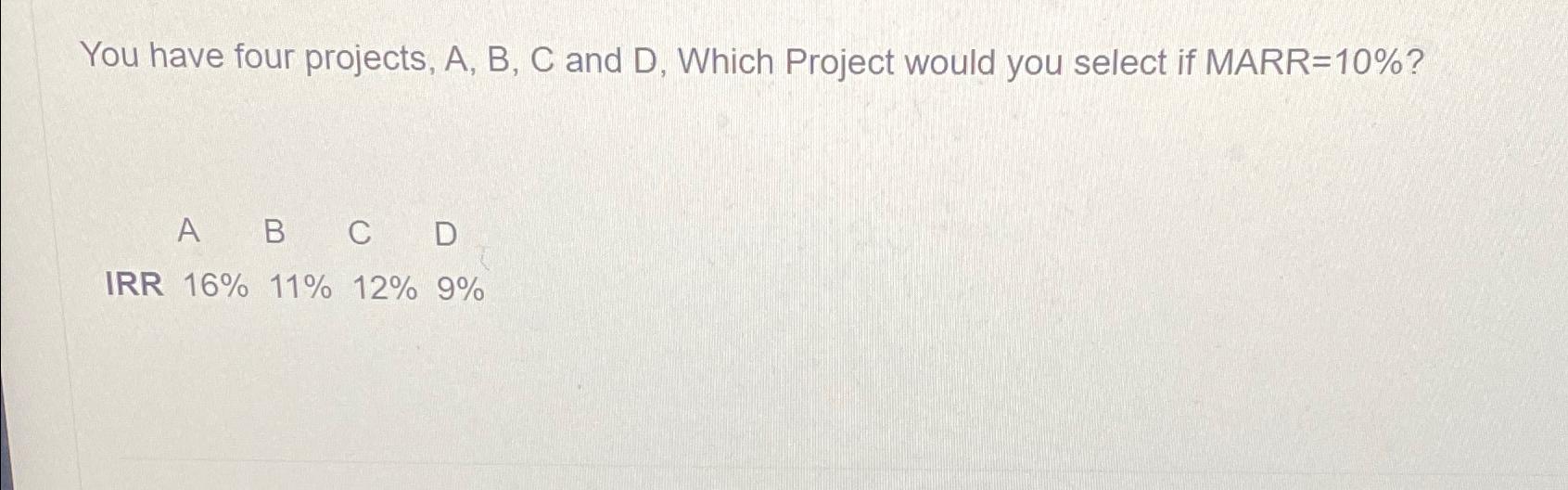 Solved You have four projects, A, ﻿B, ﻿C and D, ﻿Which | Chegg.com
