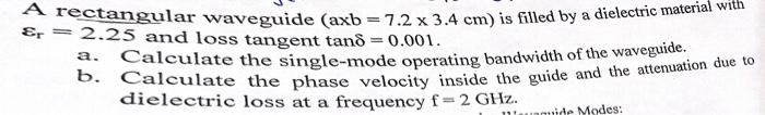 Solved Er = A rectangular waveguide (axb = 7.2 x 3.4 cm) is | Chegg.com