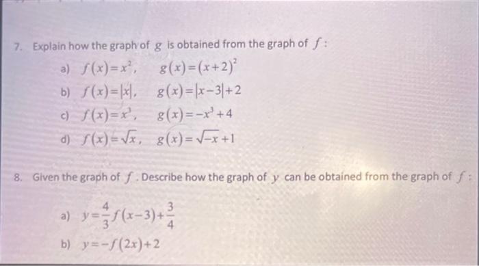 Solved 7. Explain how the graph of g is obtained from the | Chegg.com