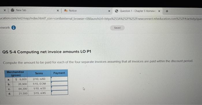 Solved QS 5-4 Computing net invoice amounts LO P1 Compute | Chegg.com